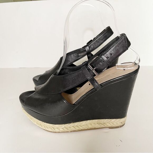 Via Spiga | Shoes | Via Spiga Black Leather Stackedwedge Sandal 7 ...